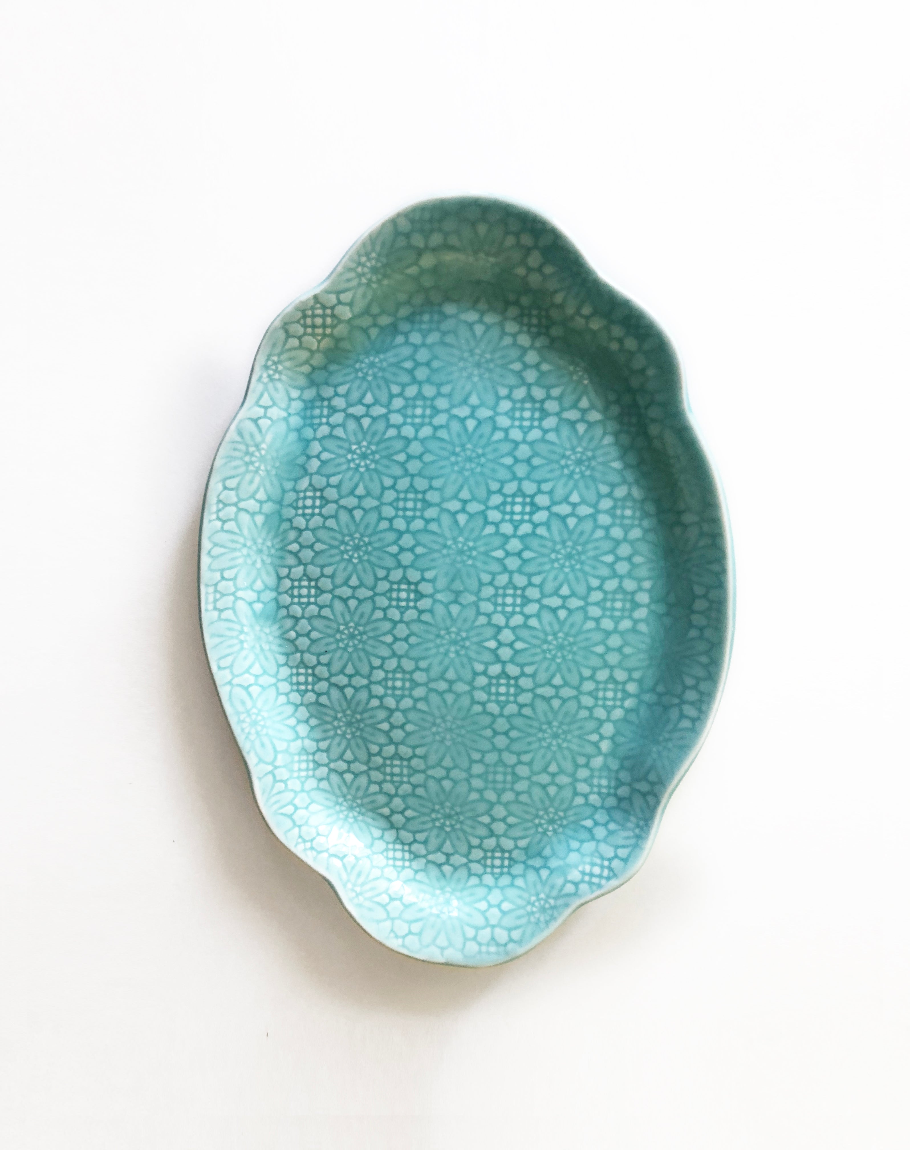 Porcelain Floral Oval Dessert Plates - Teal | BNorth Domicile